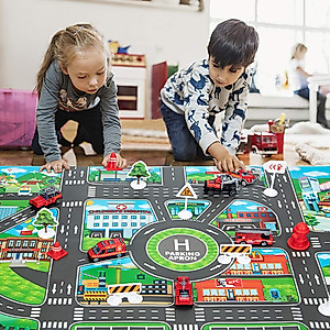 Car Toys Set with Transport Cargo Airplane, Educational Vehicles Fire Fighting Car Set for Kids Toddlers Child Gift for 3 4 5 6 Years Old, Large Play Mat, 6 Trucks Large Plane 11 Road Signs