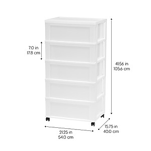 IRIS USA Plastic 5 Drawer Wide Storage Drawer Cart with 4 Caster Wheels for Home, Closet, Bedroom, Bathroom, Office, Laundry, Kitchen, Craft Room, Nursery and School Dorm, White, Set of 1