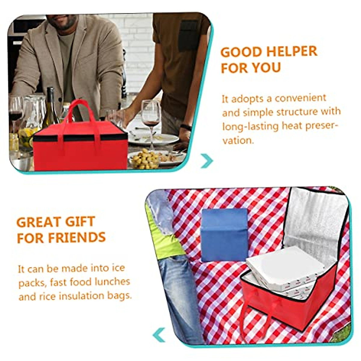 FELTECHELECTR Insulation Bags Foldable Tote Bag Shopping Tote Bag Large Tote Bags Lunch Insulation Coolers Keep Warm Groceries Bag Pizza Carry Bag Non-woven Fabric Red Insulated Food Carrier Bag