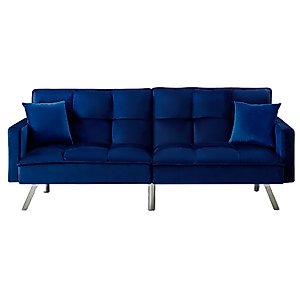 Legend Vansen 80'' Velvet Love seat Convertible Futon Two Pillows, Sleeper Couch with 3 Adjustable Backrests Sofa Bed, Large Sleeping Area Sofabed, Blue
