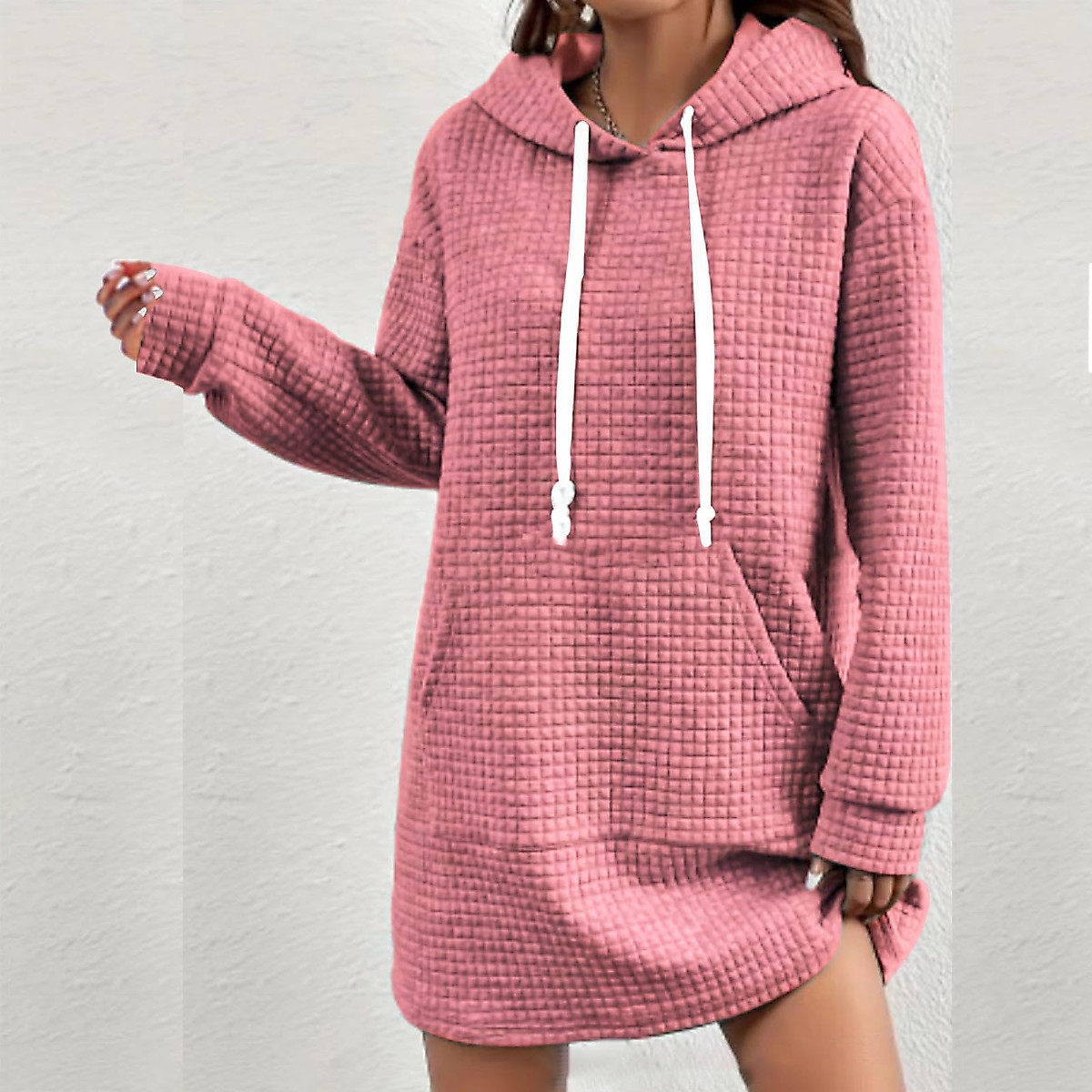 ZYXTIM Women Waffle Knit Sweatshirt Dress Plus Size Loose Fall Long Sleeve Hoodies Drwastring Pullover with Kangaroo Pocket Pink
