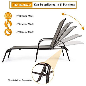 Tangkula Patio Chaise Lounge, Recliner Outdoor Lounger Chair w/Adjustable Backrest, Reclining Chair w/Heavy Duty Steel Frame, Suitable for Beach, Yard, Balcony, Poolside (2, Brown)