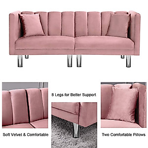 SLEERWAY Velvet Futon Sofa Bed with Two Pillows, Modern Sleeper Sofa Couch with 3 Adjustable Angles, Convertible Small Loveseat for Living Room, Pink