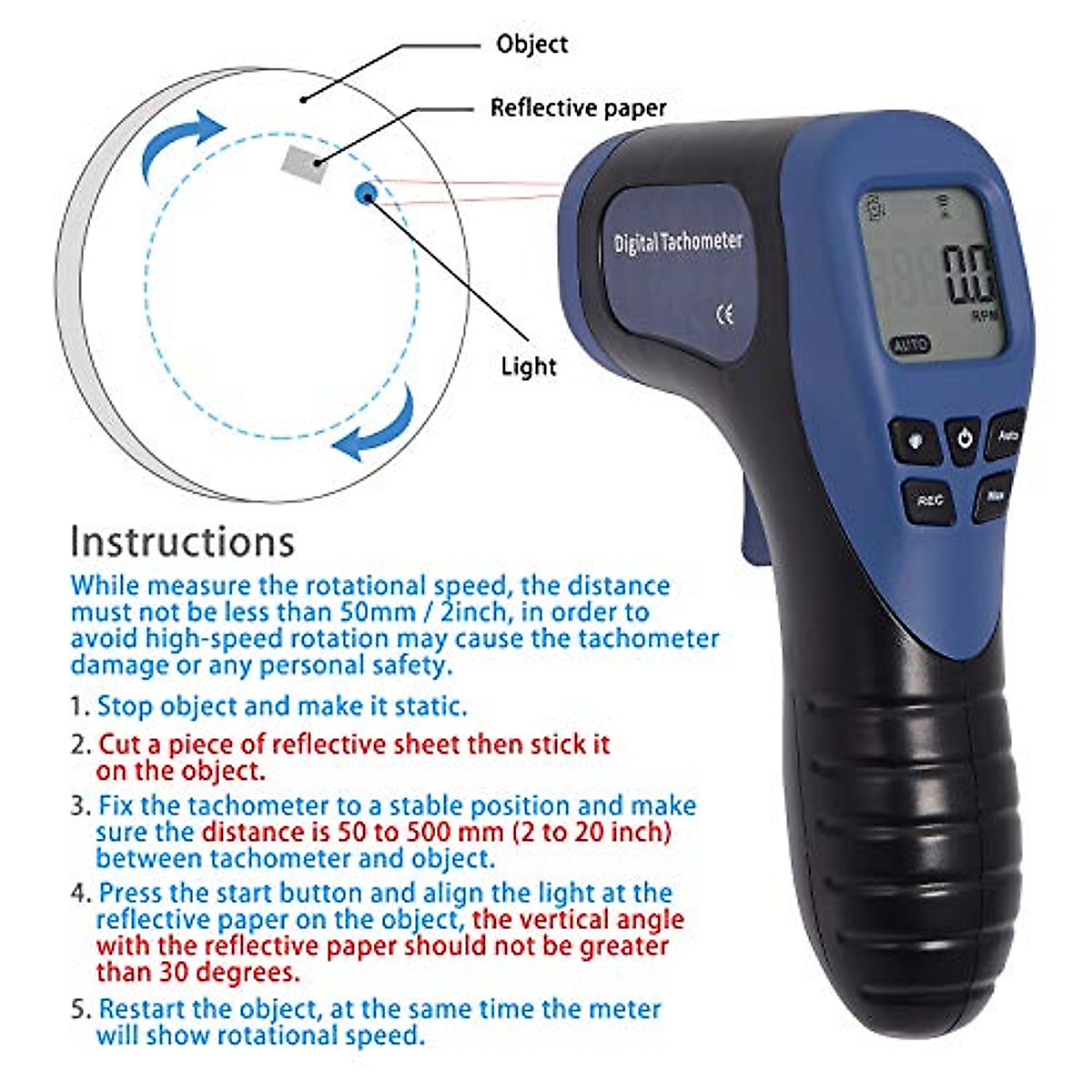 EHDIS Digital Handle Tachometer RPM Meter Non Contact Photo LCD Tachometer RPM Reader Gauge Speed Tach Meter