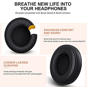 Replacement Ear Pads for Solo 2 & 3 Wireless On-Ear Headphones, PChero 2 Pairs Protein Leather Earpads Memory Foam Cushion Covers Compatible with Beats Solo2/Solo3 A1796/B0534 Headphone (Black)