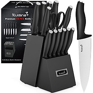 Kuisine Kitchen Chef Knife Block Set,High Carbon Stainless Steel Razor-Sharp Blade Ergonomic Handle,Knife Set Block with Built-in Sharpener,Elegant Gift(Black,15pcs)