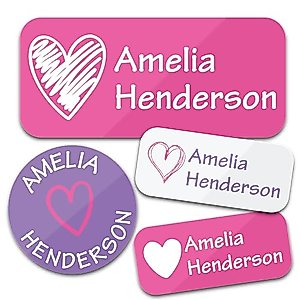 Bunny Badges Personalized Daycare Name Labels (130 Labels) - Custom Waterproof Name Stickers for Clothing Tags, Water Bottles, Lunch Boxes and School Supplies (Hearts)