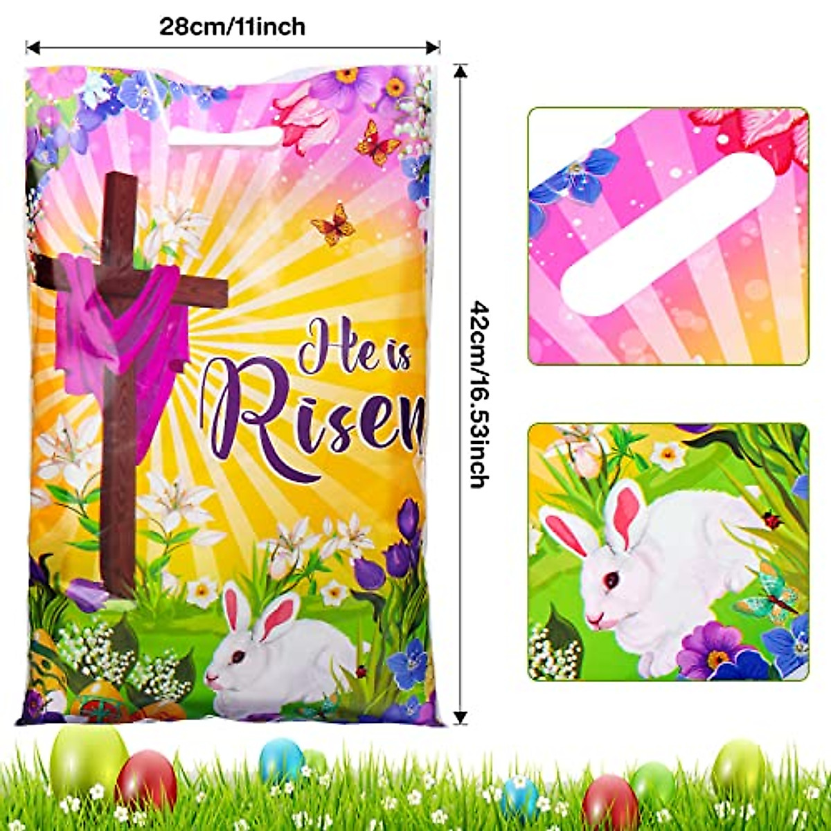 50 Pieces Easter Large Plastic Treat Bags He is Risen Party Favor Bags Easter Religious Candy Goodie Treat Gift Bags Easter Tote Bags with Handles for Easter Spring Jesus Holiday Party Favor
