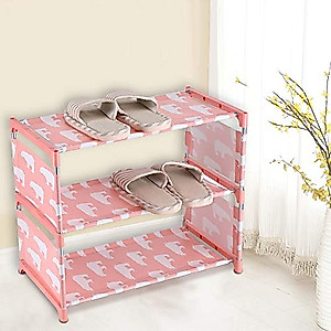DIY Shoes Storage Shelf Shoe Rack 3 Tiers Non-woven Anti-Dust Storage Organizer Standing Shoe Rack for Shoe(Pink polar bear)