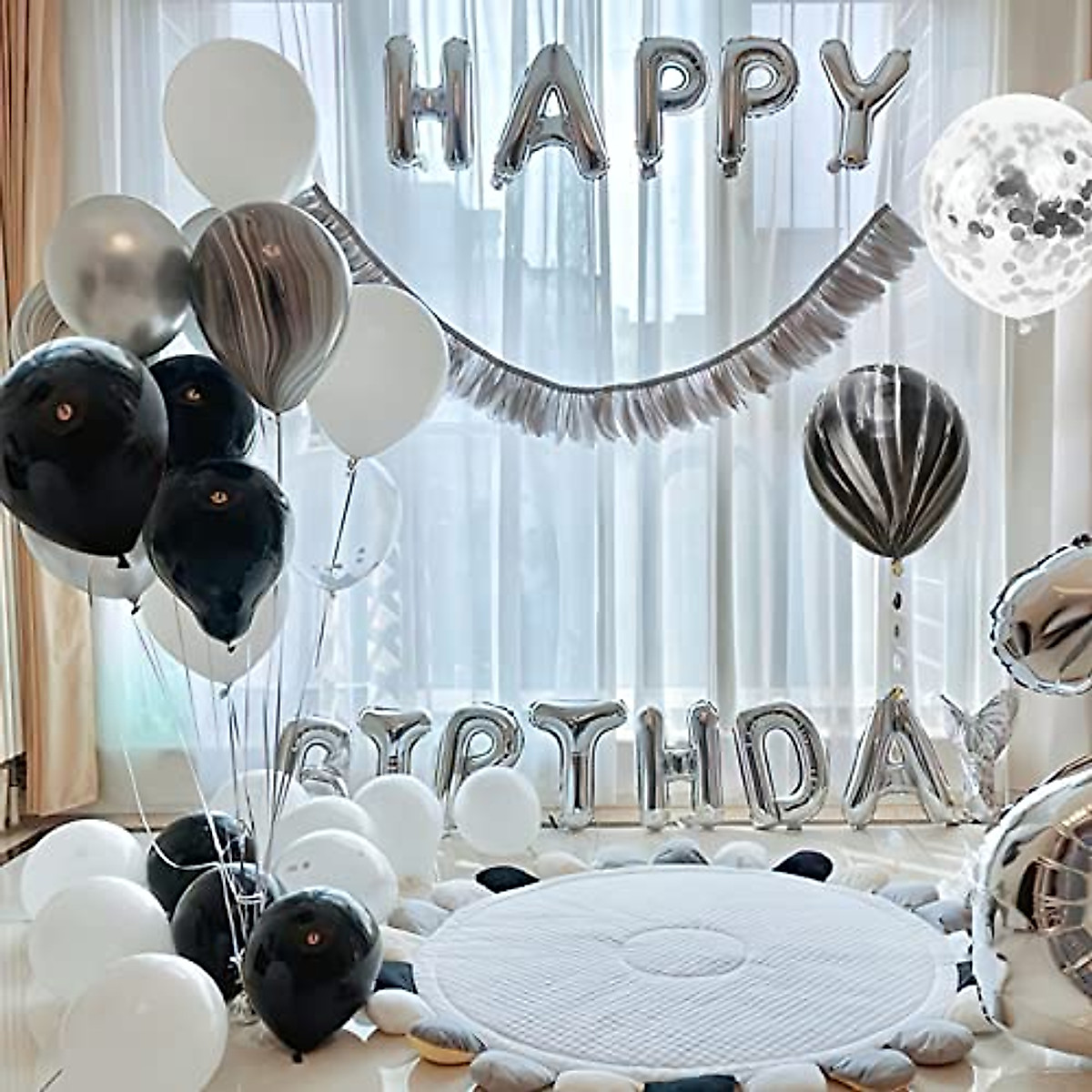 Black White Silver Party Balloons, 50pcs 12 Inch Thicker Marble Black and Pearl White Metallic Confetti Latex Balloons with Ribbon for Birthday Anniversary Decorations