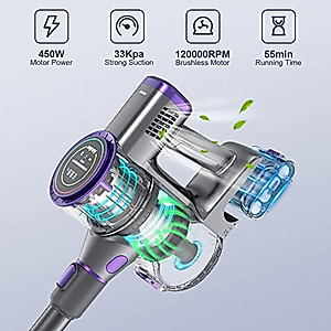 AIMILER Cordless Vacuum Cleaner, 450W Cordless Stick Vacuum with 33Kpa Powerful Suction, 55min Runtime, Detachable Battery, Self-Standing 6 in 1 Lightweight Vacuum for Hard Floor