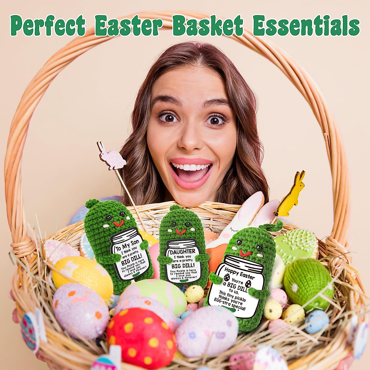 Hoppy Easter Pickle Plush - You're a Big Dill! Funny Crochet Pickle Doll, Handmade Easter Basket Stuffers for Teens, Unique Easter Eggs Fillers, Cute Easter Gifts Toys 5 Inch