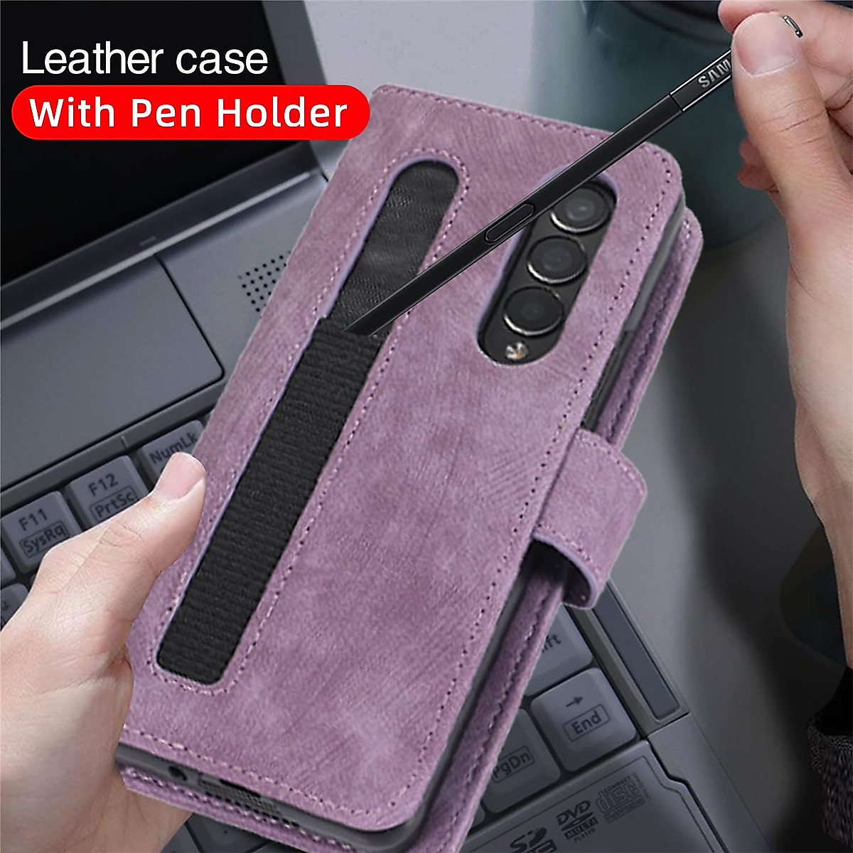 Simicoo Samsung Z Fold 5 PU Leather Flip Wallet Case with 2 Card Slots Pencil Holder Samsung Z Fold 5 Case with Folding Kickstand Strong Magnetic Full Cover Wallet Case (Purple)