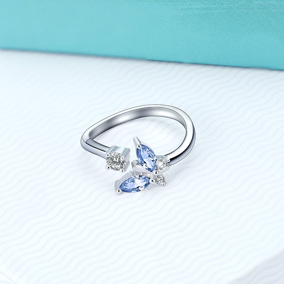 AOBOCO Butterfly Ring Sterling Silver Adjustable Open Rings Blue Butterfly Series Anniversary Jewelry Gifts for Women US Size 6