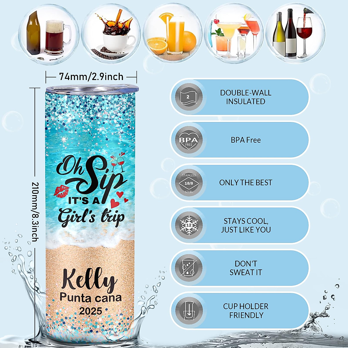 Personalized Girls Trip Tumblers with Name - Custom Beach Vacation Tumbler with Lid and Straw, Girls Weekend Gifts for Women, 2025 Girls Trip Gifts, Family Trip Gift, Bachelorette Trip Vacation Cups