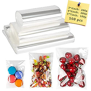 Labeol Cellophane Bags Self Adhesive 500pcs Clear Resealable Bags 3 Sizes 3x4 4x6 5x7 Cookie Bags for Packaging Snack Bags Cello Bags for Bakery Party Gift Candy Treat Bags