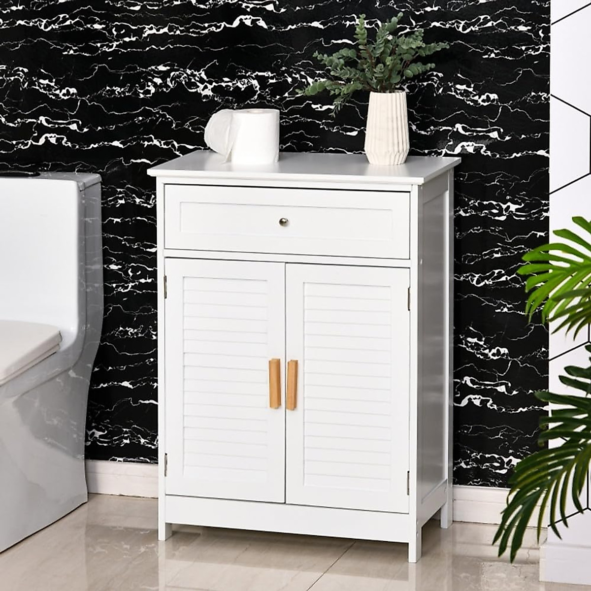 Standing Bathroom Cabinet, Floor Kitchen Pantry Cabinet with 1 Large Drawer, Wooden Bathroom Storage Cabinet with 2 Doors and Adjustable Shelf, Kitchen Cupboard Storage Display Cabinet for Living Room