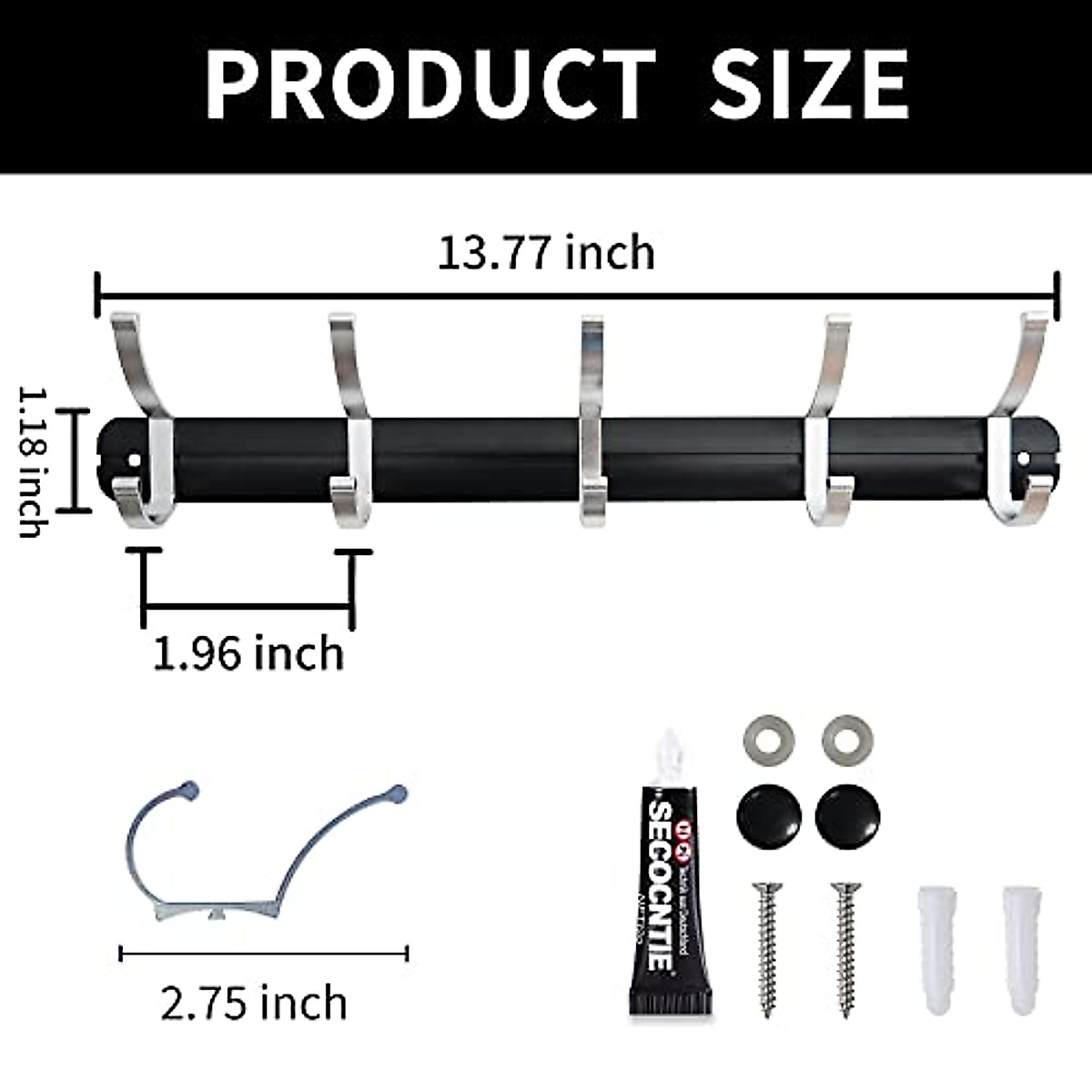 NOZVYCI Wall Mounted Coat Rack Hook with 5 Sliding Hooks Movable Coat Hooks Rack Double Hooks 30kg Load Capacity Stainless Steel Hooks Rail for Hanging Jacket,Backpack,Clothes(Matte Black+Silver)