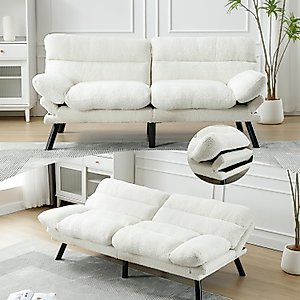 70" Modern Teddy Convertible Folding Futon Couch Sofa Bed Adjustable Pillow Top Arm Memory Foam Couch Double Loveseat Sofa for Compact Living Space,Dorm,Game Studio,Apartment,Bedroom (White Teddy)