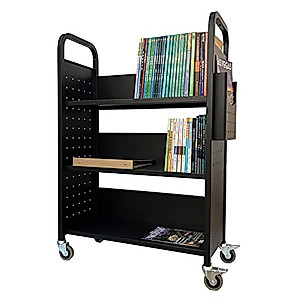 Workington Rolling Book Truck Book Cart with 3 Flat Shelves, Library Book Cart with Swivel Lockable Casters 3001 Black