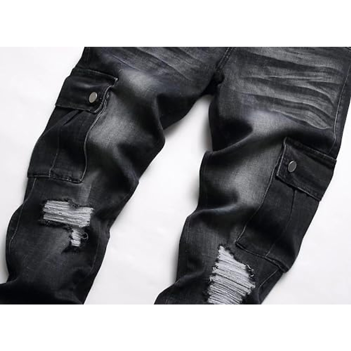 HENGAO Mens Cargo Jeans Ripped Skinny Slim Fit Stretch Jeans, Distressed Destroyed Straight Denim Pants with Pockets, 1755 Black, 40