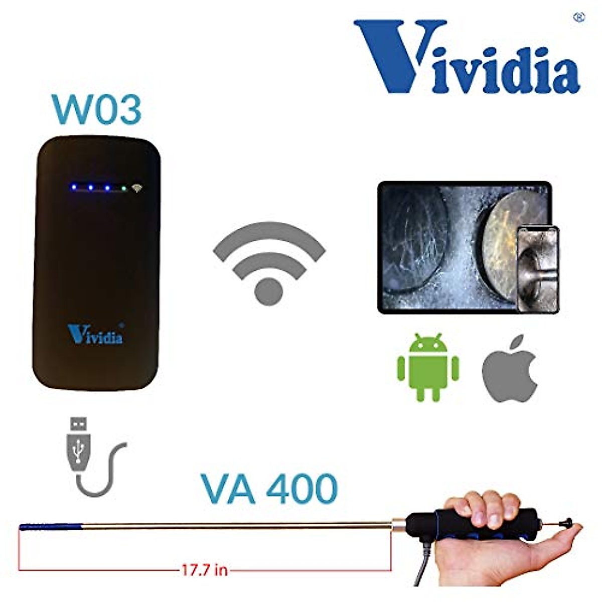 Vividia W03 WiFi Wireless USB to WiFi Converter Box with Built-in Rechargeable Battery for iOS iPhone Tablet and Android Devices for USB Digital Borescope Microscopes Otoscopes Endoscopes