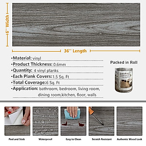 VEELIKE Grey Oak Wood Vinyl Plank Flooring Peel and Stick Waterproof Wood Grain Vinyl Floor Tiles 6''x36'' Self Adhesive Grey Laminate Tile Flooring for Bathroom Kitchen Bedroom RV (4-Pack, 6 Sq. Ft.)
