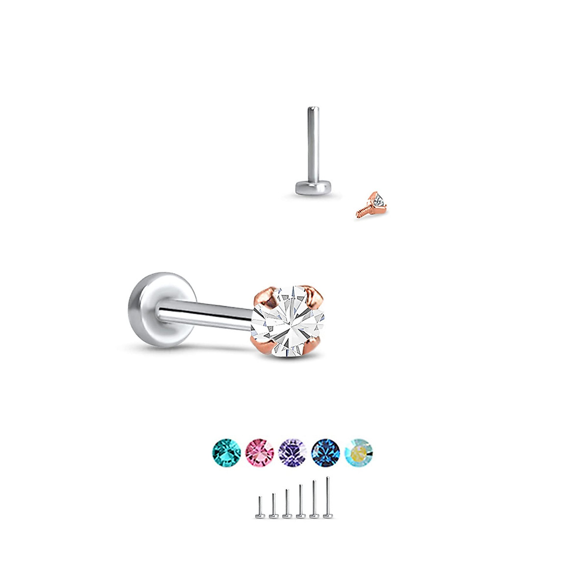 14K Rose Gold Labret Nose Ring Stud Surgical Steel Screw Post 5/32" - 4mm Post 2.5mm CZ 18G