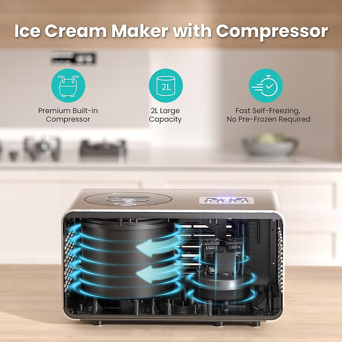 Ice Cream Maker with Compressor 2.1 Quart Automatic Ice Cream Maker Machine with Compressor 3 Modes Electric Ice Cream Maker No Pre Freezing Stainless Steel LCD Digital Display Timer Sorbet Maker