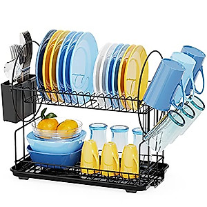 GSlife Dish Drying Rack, Rust-Resistant Small 2 Tier Dish Rack with Drainboard Set, Dish Drainer with Utensil Holder & Cup Holder for Kitchen Counter, Black