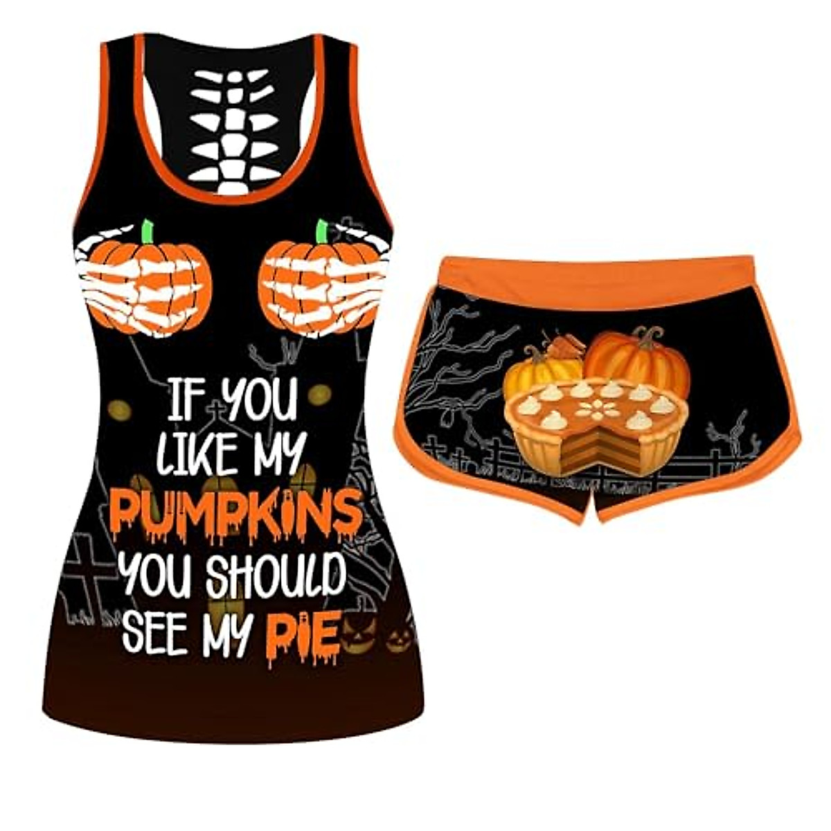 Women's Halloween Sleeveless Tank Top Set If You Like My Pumpkin Printing Drawstring Shorts Stretch Bottoms Suits (Orange-1, M)