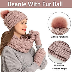 Double Couple 3pcs Winter Beanie Hat Scarf and Touch Screen Gloves Set for Women Knit Hat with Faux Fur Ball Scarves Glove Pink