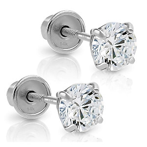 14k White Gold Made with 5mm Cubic Zirconia Solitaire Stud Earrings with Secure Screw-backs, 5mm