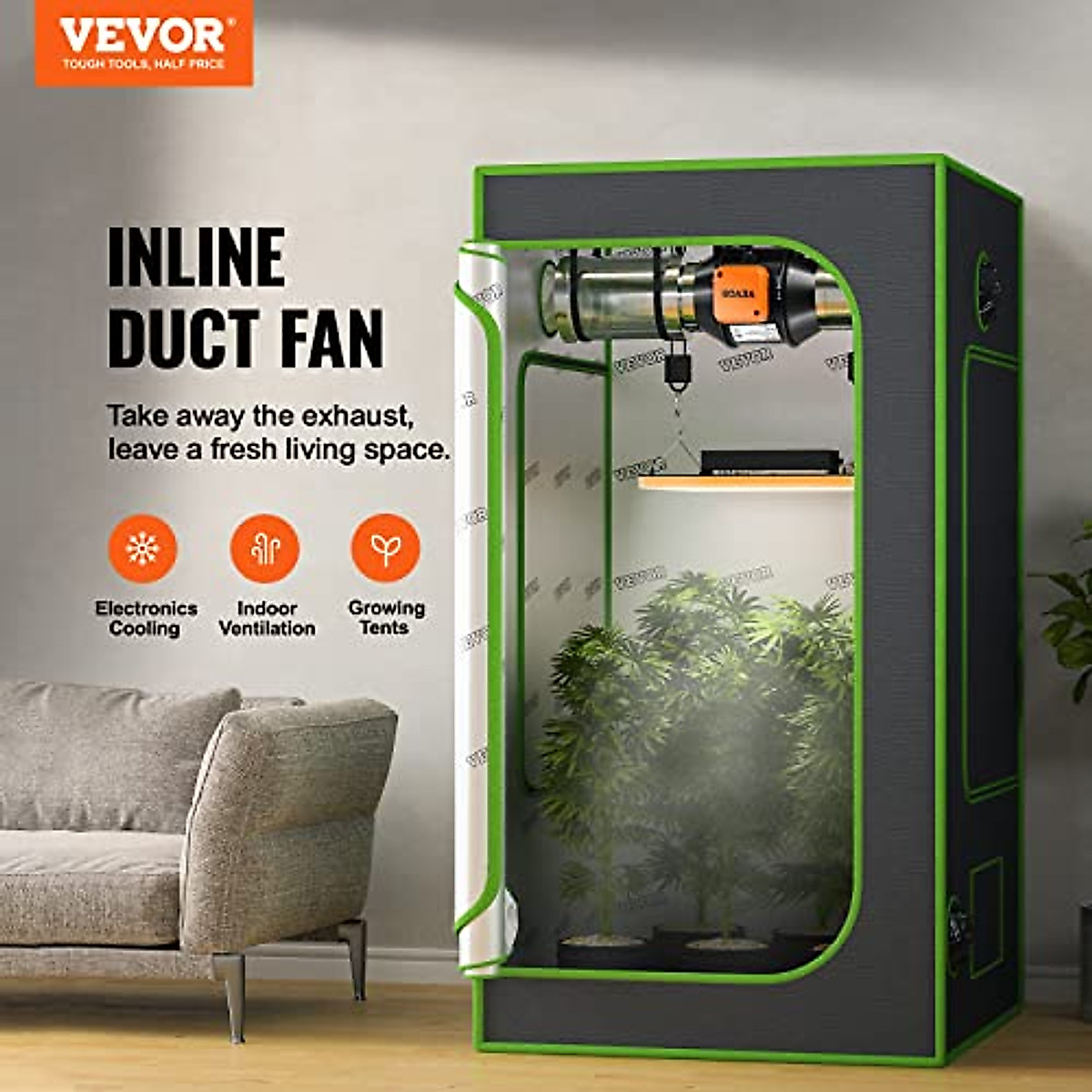 VEVOR Inline Duct Fan, 4-Inch 205 CFM with Temperature Humidity Controller, Quiet EC-motor Ventilation Exhaust Fan for Cooling Booster, Grow Tents, Hydroponics