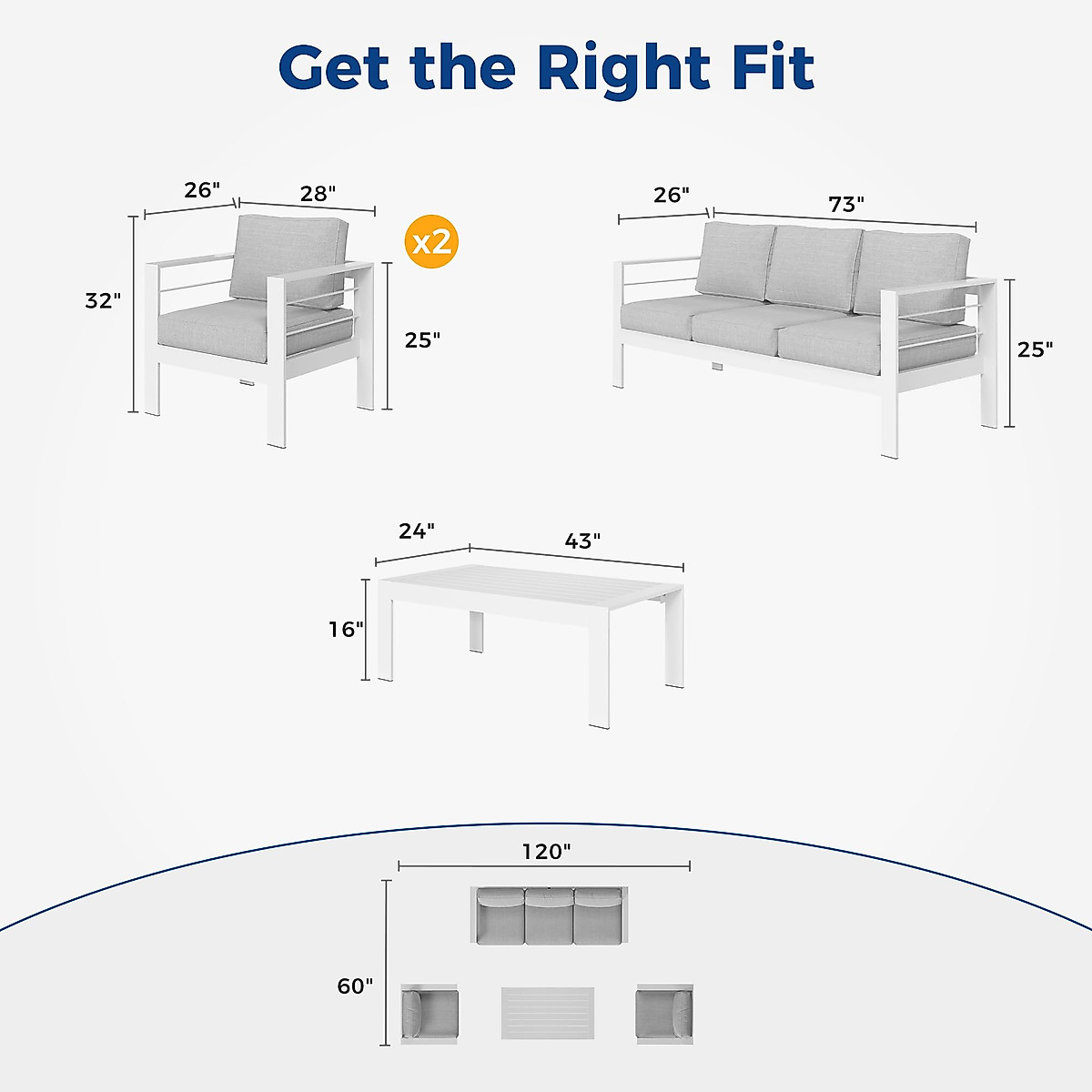 Wisteria Lane Aluminum Outdoor Patio Furniture Set, Modern Patio Conversation Sets, Outdoor Sectional Metal Sofa with 5 Inch Cushion and Coffee Table for Balcony, Garden, Light Grey
