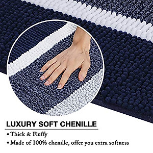 Luxury Chenille Microfiber Floor Mat for Living Room Bedroom, Gradient Navy Stripe Pattern Shag Plush Rug, Soft Non Slip Absorbent Bathmat Washable Home Decor, (47×20 inch, Navy)