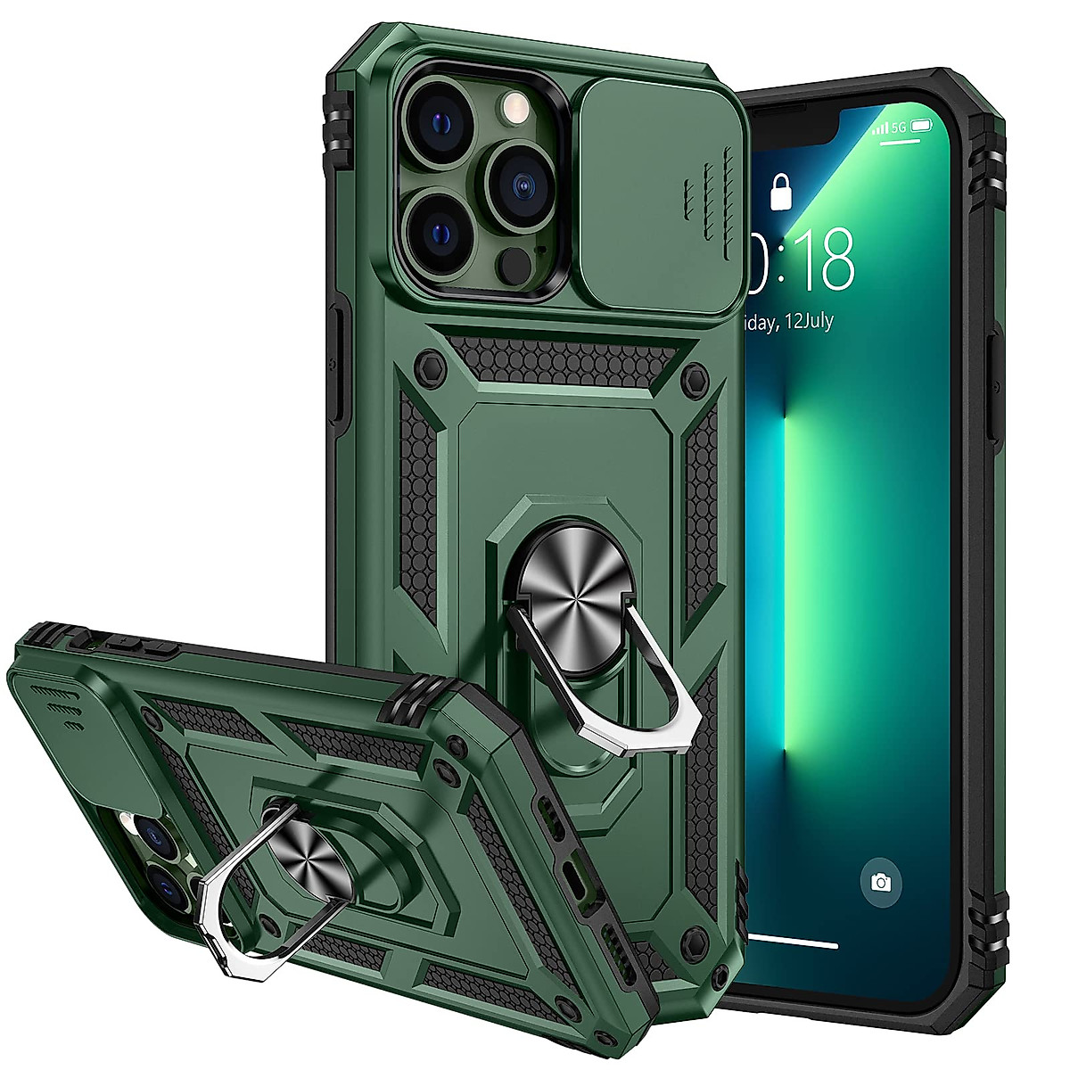Goton for iPhone 13 Pro Max Case with Slide Camera Cover & 360° Rotate Ring Stand [Military Drop Protection] Shockproof Heavy Duty Protective, Armor Phone Case with Magnetic Car Mount Holder Green