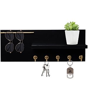 SANY DAYO HOME Real Wood Key Holder Rack Wall Mount 16 x 6 inches Black Entryway Shelf with 5 Gold Hooks, Metal Sunglass Bar, and Floating Board for Keychain, Purse