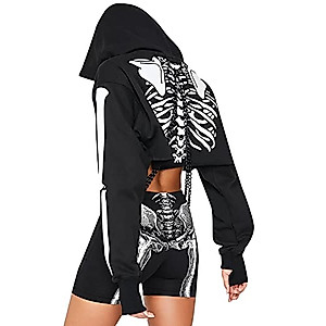 RARITYUS Women Gothic Reflective Skeleton Hoodie Crop Top Iron Chain Bandage Long Sleeve Pullover Sweatshirt for Rave Halloween Costume