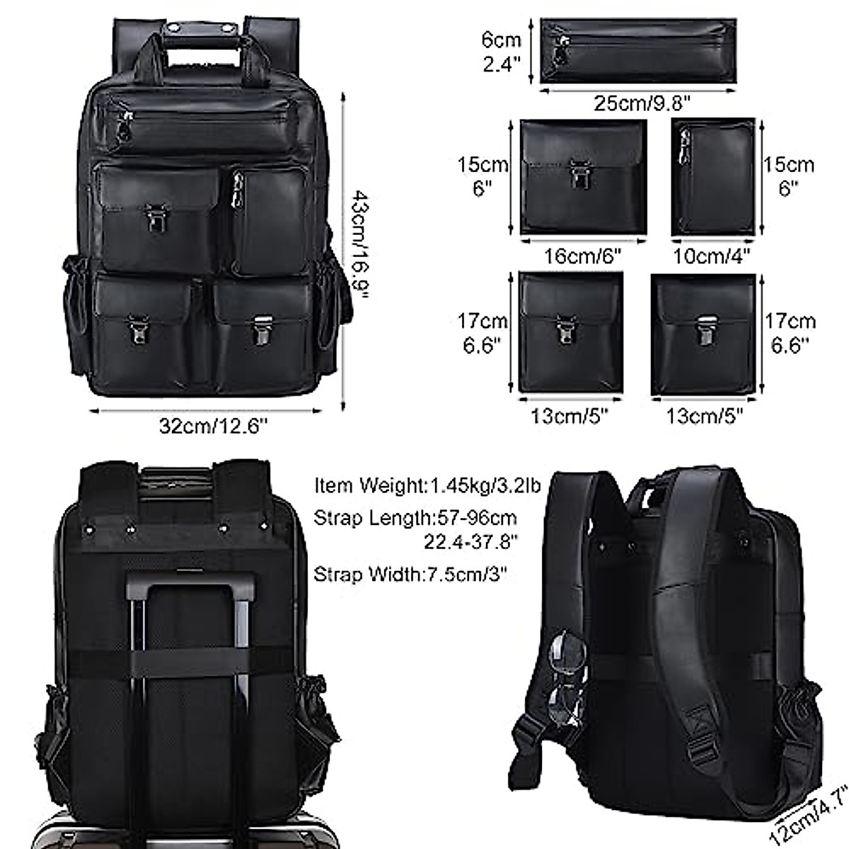 Masa Kawa Black Leather Backpack for Men 15.6 Inch Laptop Bag Multi Pockets Rucksack Casual Business Work Travel Daypack