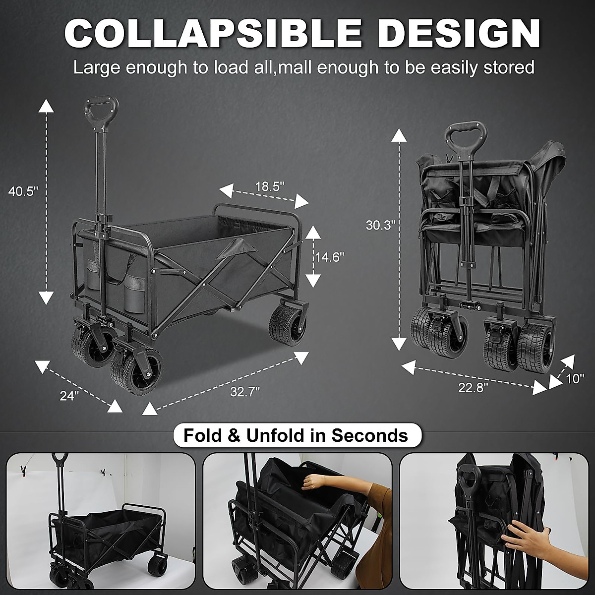 SZHLUX Collapsible Foldable Wagon,Beach Wagon with Big Wheels for Sand,Utility Grocery Wagon with Side Pocket and Brakes for Camping Sports Outdoor Activities