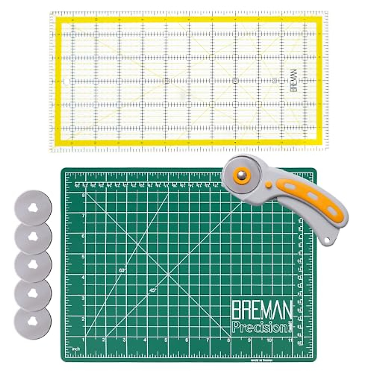 WA Portman Rotary Cutter Set & Cutting Mat for Sewing - 45mm Rotary Cutter for Fabric & 5 Blades - 9x12 Inch Fabric Cutting Mat - 6x12 Inch Acrylic Ruler for Cutting Fabric - Rotary Cutter and Mat Set
