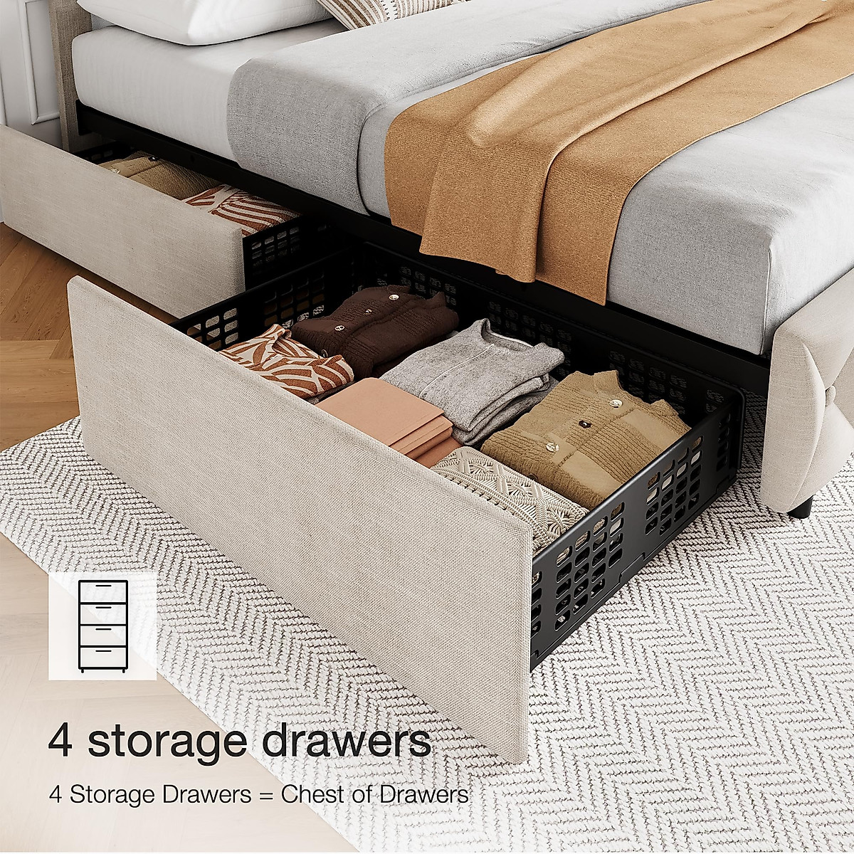 IDEALHOUSE Queen Size Bed Frame with 4 Storage Drawers, Linen Upholstered Platform Bed Frame with Adjustable Headboard, Diamond Stitched Button Tufted, No Box Spring Needed, Off White