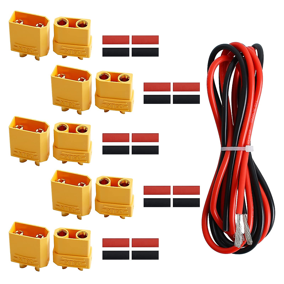 Audance XT90 XT 90 Connectors Male and Female with 2M 14 AWG Silicone Wire, Battery 5mm Heat Shrink Tube for FPV Connector RC Hobby Electric Motors & Parts (5 Pairs), Yellow