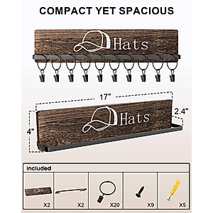 Bulado Hat Rack for Wall, Hat Organizer for Baseball Caps with 20 Hooks, Hat Storage Organizer Wall Mount, Rustic Cowboy Hat Rack Display Holder, Wood Hat Hangers for Closet Bedroom Entryway Set of 2
