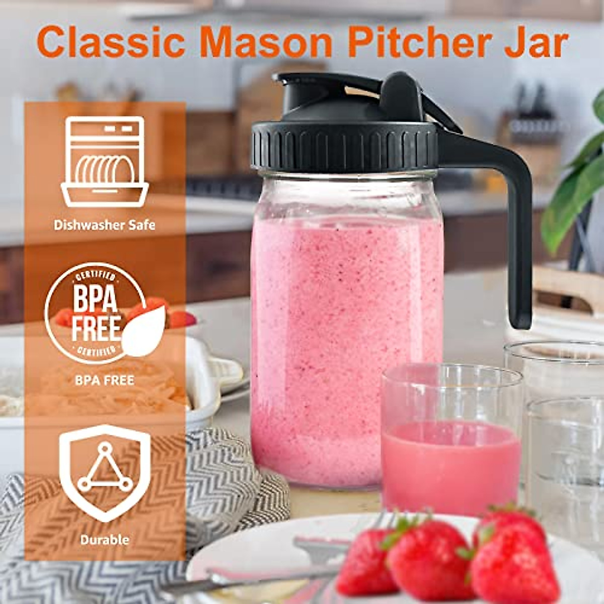 Mason Jar Pour Spout Lid - 32oz Black Glass Pitcher with Lid & Mixing Spoon Food Grade and Safe, 1 Quart Sturdy Wide Mouth Nice for Breastmilk, Drink, Iced Tea, Juice