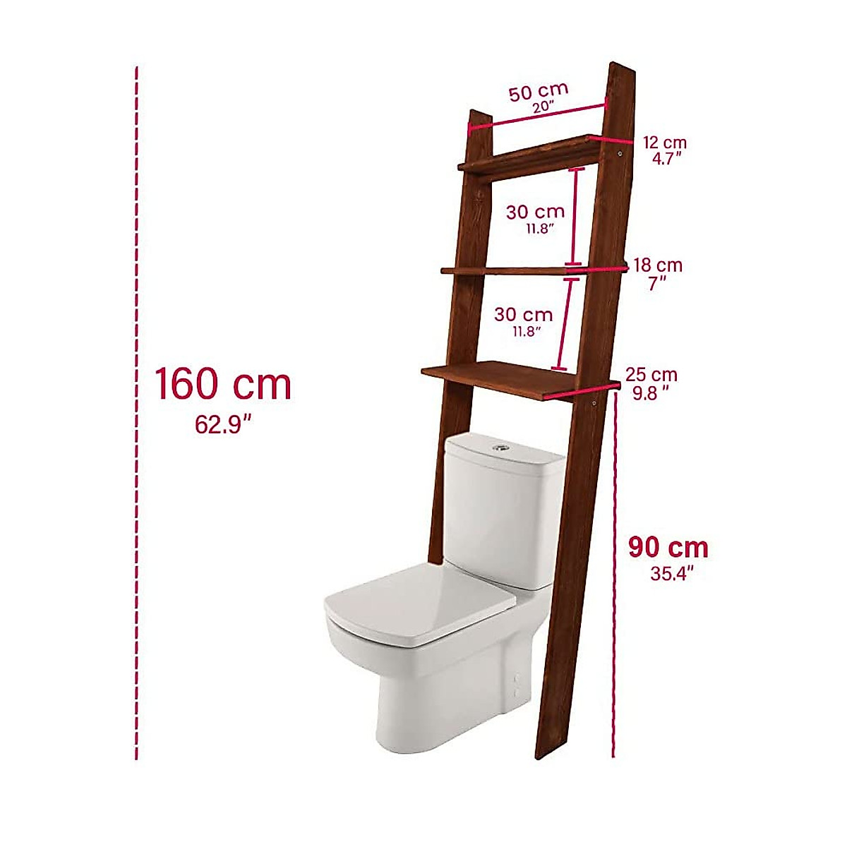 GENESIS WOODESIGN Over The Toilet Bathroom Organizer Shelves, 3-Tier Freestanding Above Toilet Storage Ladder Shelf, Standing Space Saver Behind Toilet Small Bathroom Organizer (Walnut)