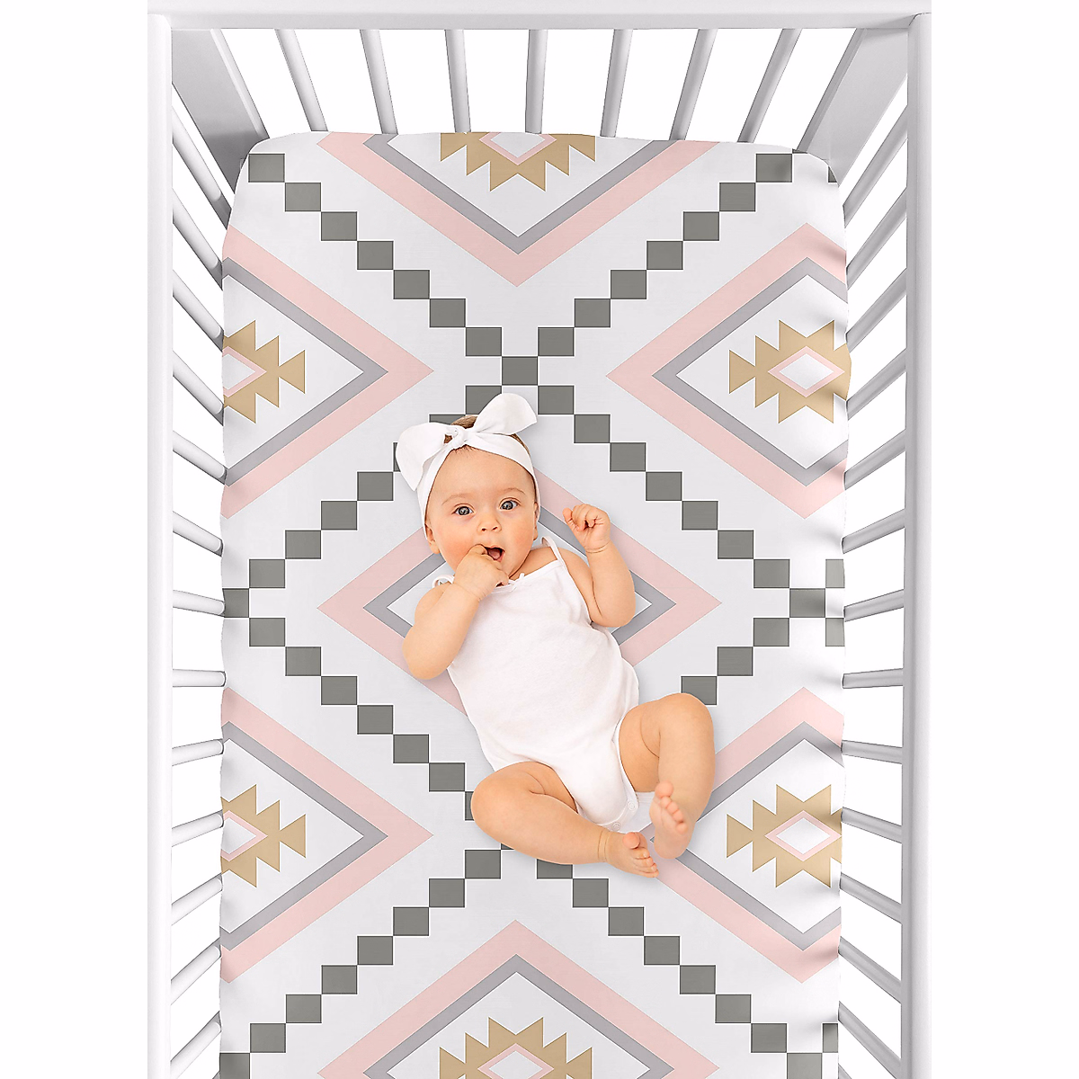 Blush Pink and Grey Boho Baby or Toddler Fitted Crib Sheet for Aztec Collection by Sweet Jojo Designs