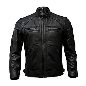 Mens Genuine Leather Biker Jacket Black | Vintage Brown Distressed Lambskin Motorcycle Jackets for Men (Black, X-Large)
