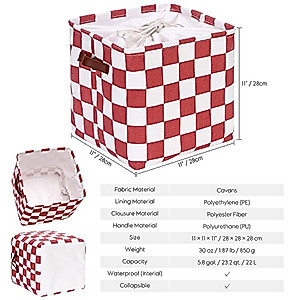 Hinwo 3-Pack Cubic Organizer Shelf Bins, Canvas Fabric Storage Baskets with Handles, 22L/5.8-Gal Square Storage Bins, Cubes, Collapsible Storage Box, 11 x 11 x 11 Inches (S, Red Checkerboard)